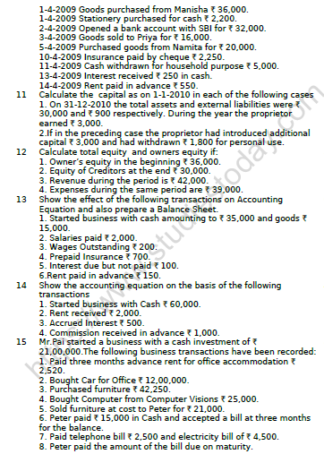 CBSE Class 11 Accountancy Accounting Equation Worksheet Set A CBSE Class 11 Accountancy Accounting Equation Worksheet Set A